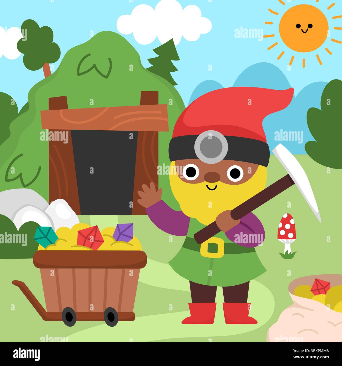 Vector square scene with dwarf with pickaxe, mine pit cave entrance ...