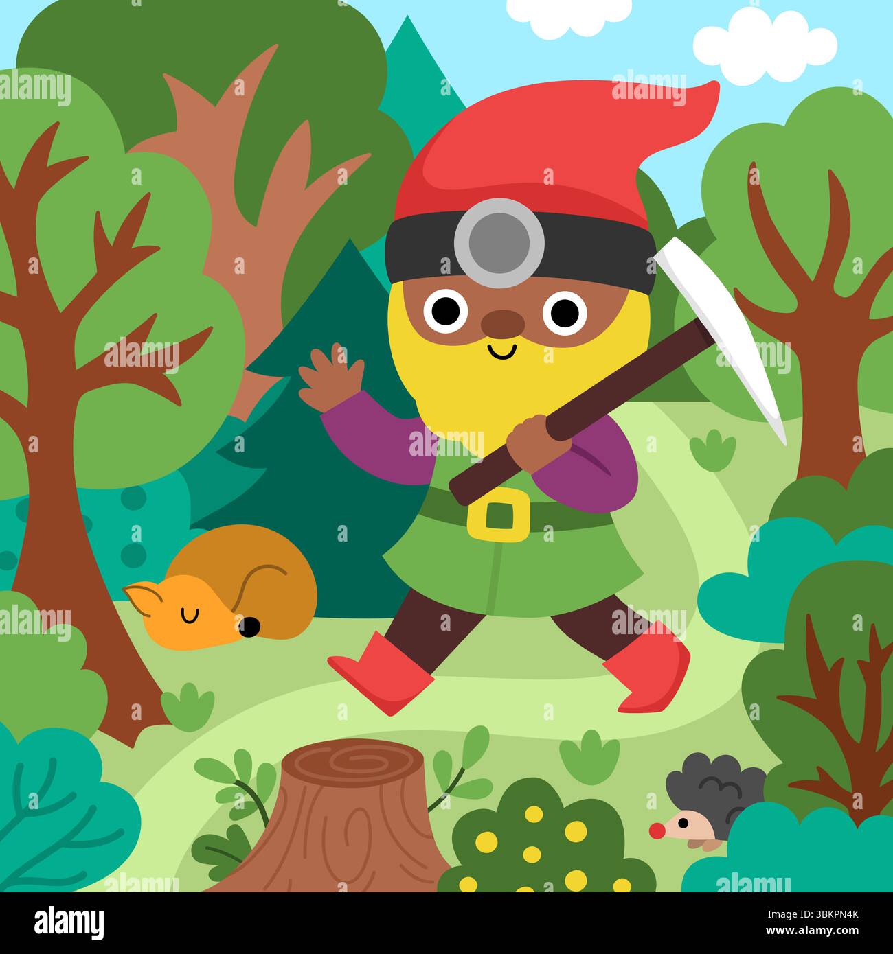 Vector square scene with dwarf going through the forest with pickaxe ...