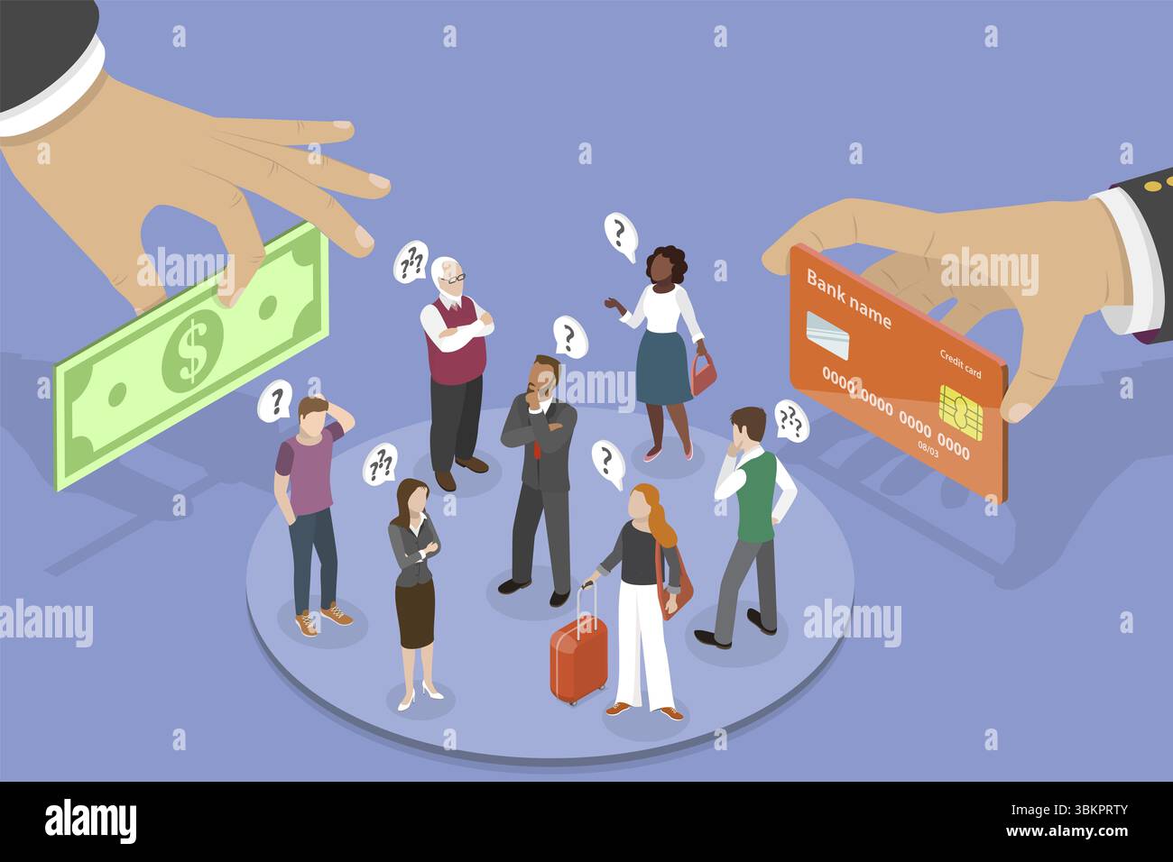3D Isometric Flat Illustration of Cashless Payment Vs Cash, Different ...