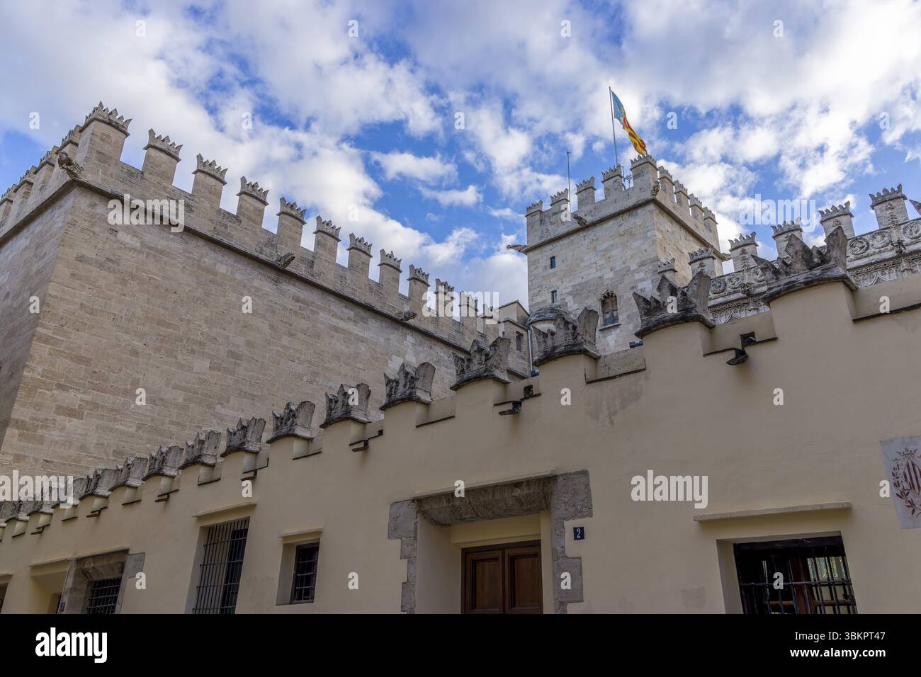 Detail of the walls and the flag tower of the imposing medieval ...