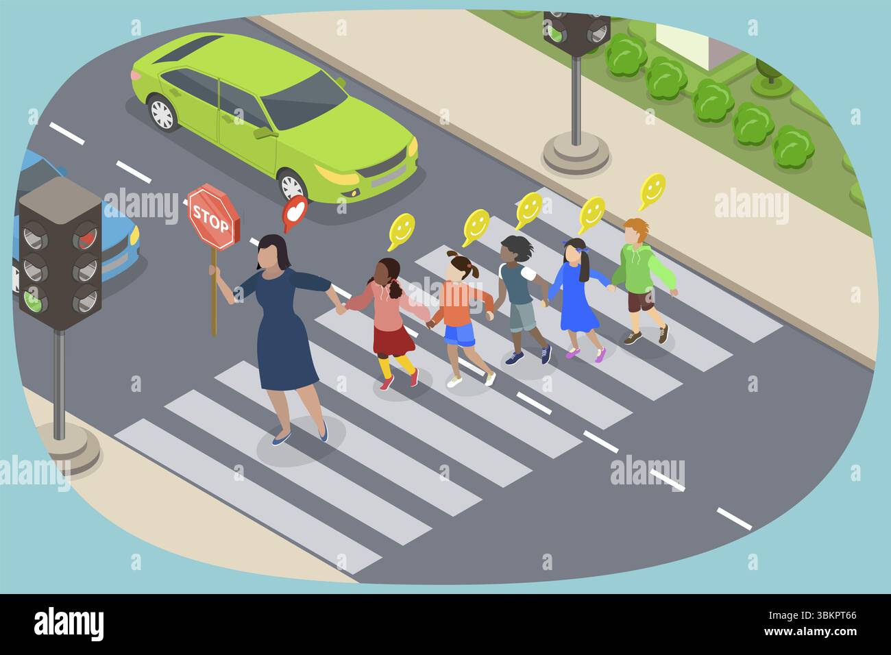 3D Isometric Flat Illustration of Children At Crosswalk, Teacher Leads ...