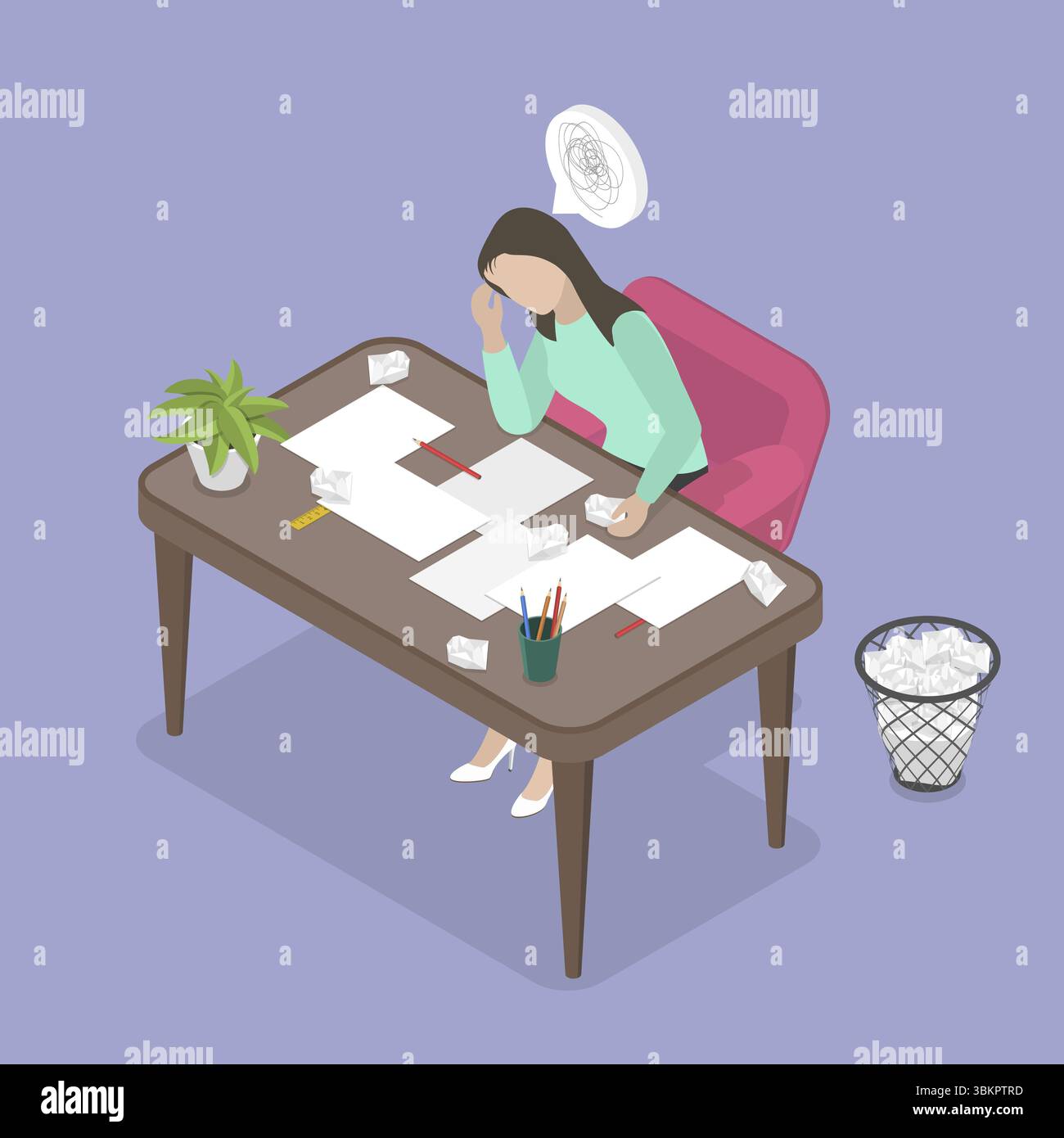 3D Isometric Flat Illustration of Frustrated Young Woman, Creative ...