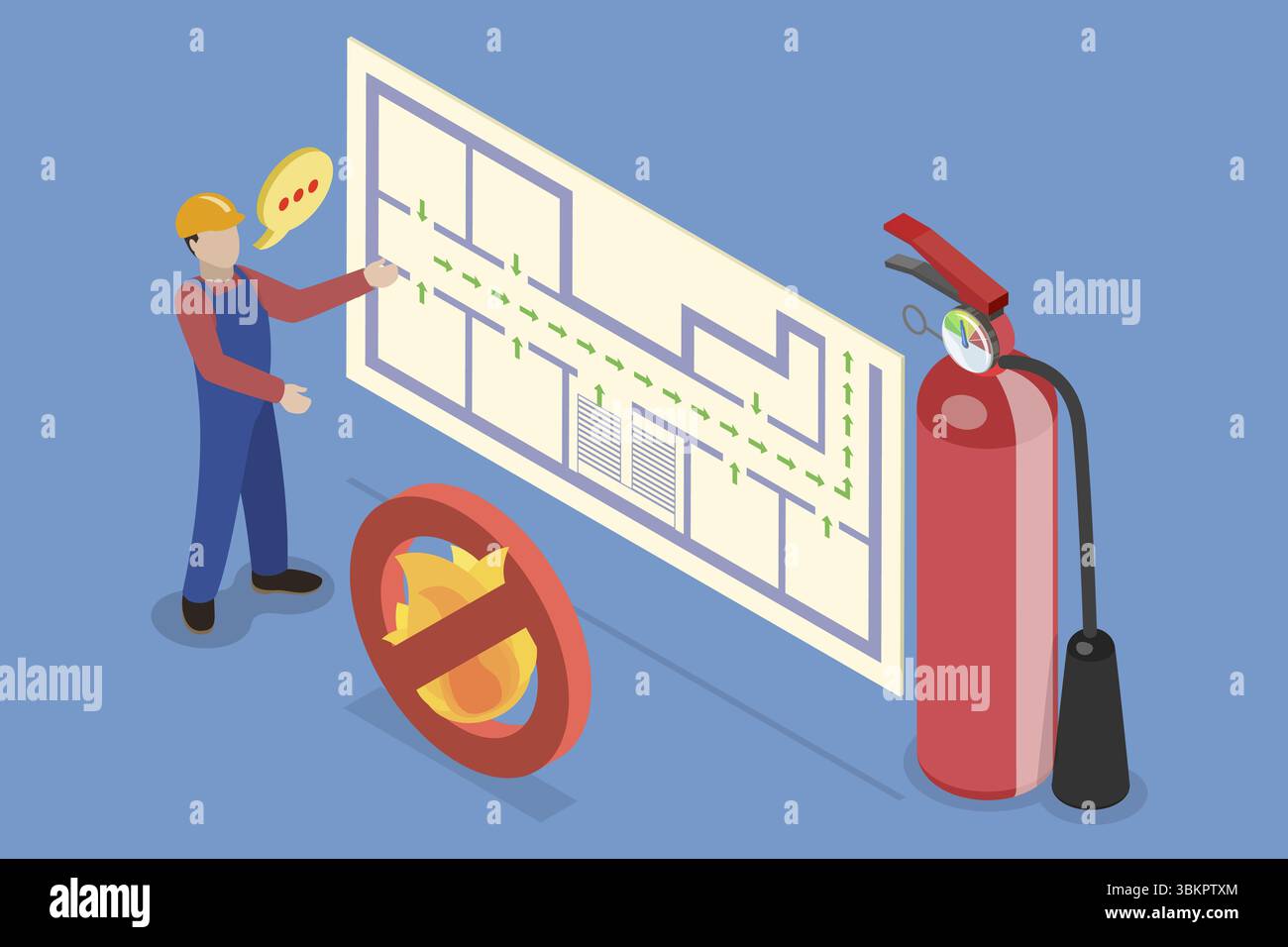 3D Isometric Flat Illustration of Fire Evacuation Plan, Procedures and ...
