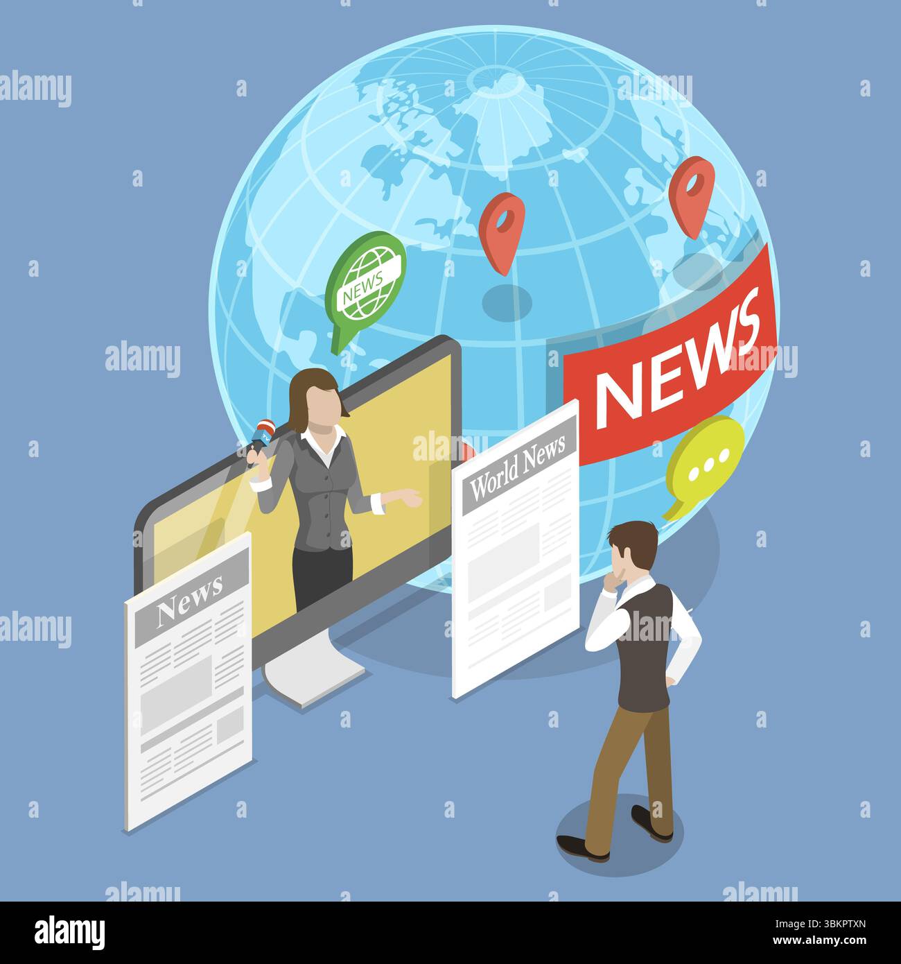 3D Isometric Flat Illustration of Mass Media News, Broadcasting and ...