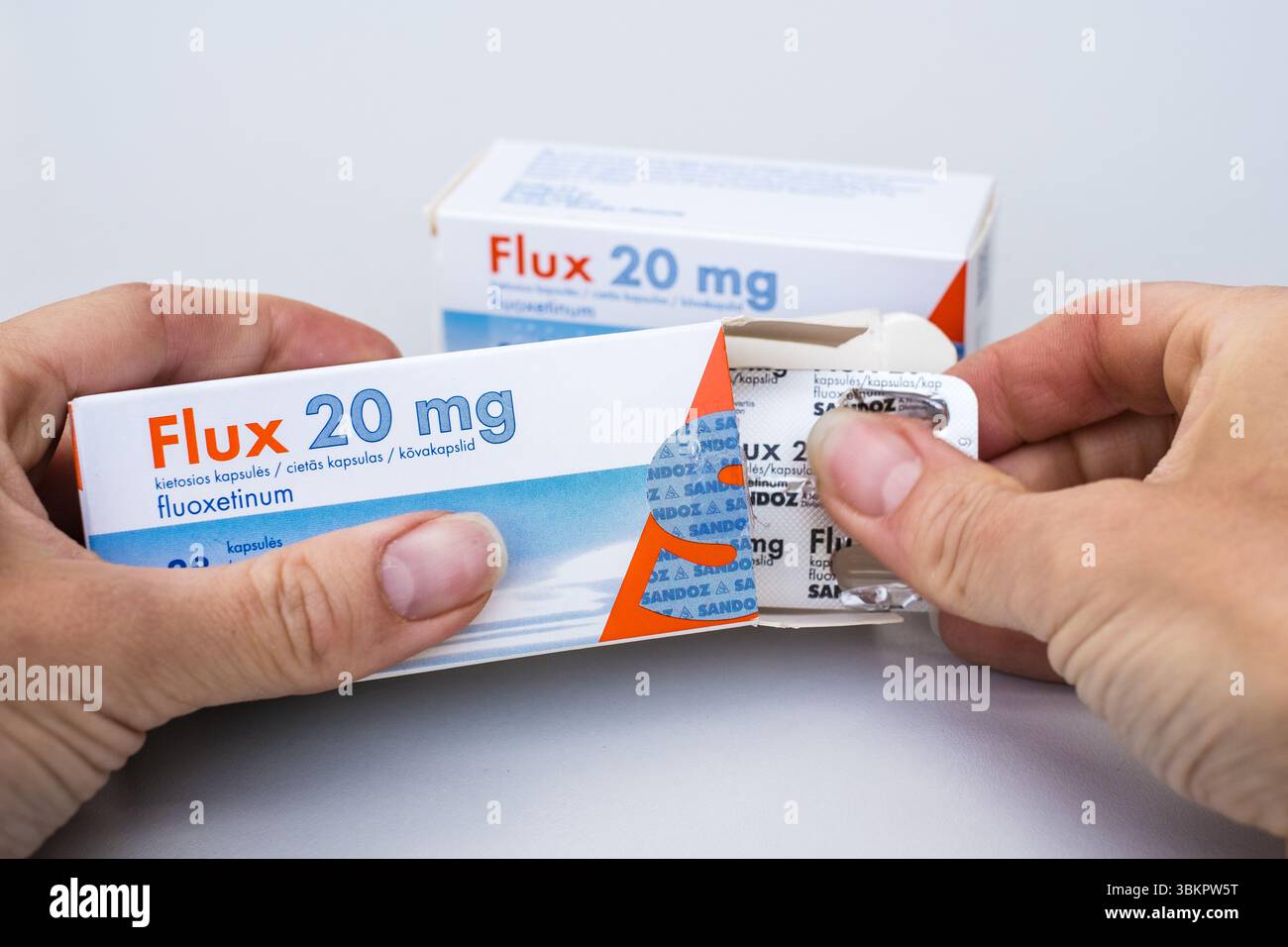 Tallinn, Estonia - June 22, 2025: Flux capsules contain fluoxetinum ...
