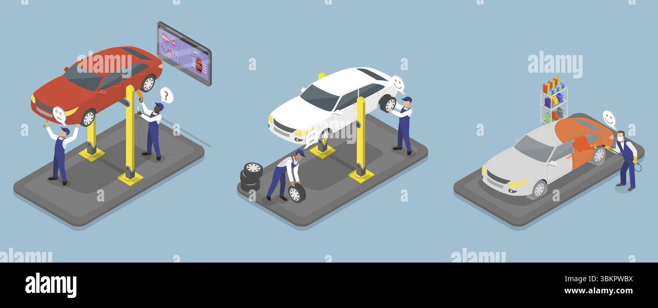 3D Isometric Flat Illustration of Auto Repair, Car Check Up Services ...