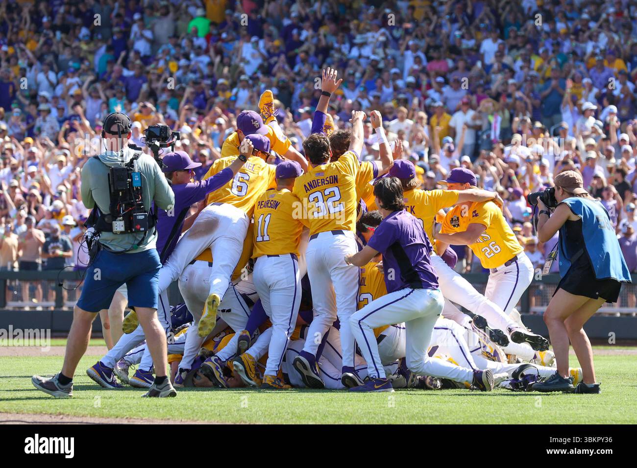 Omaha, NE, USA. 22nd June, 2025. The LSU Baseball Team celebrates on ...
