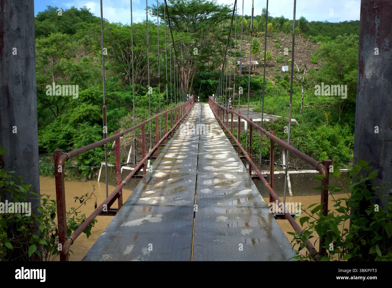 A narrow old hanging bridge in the forest in Gunung Kidul, Yogyakarta ...