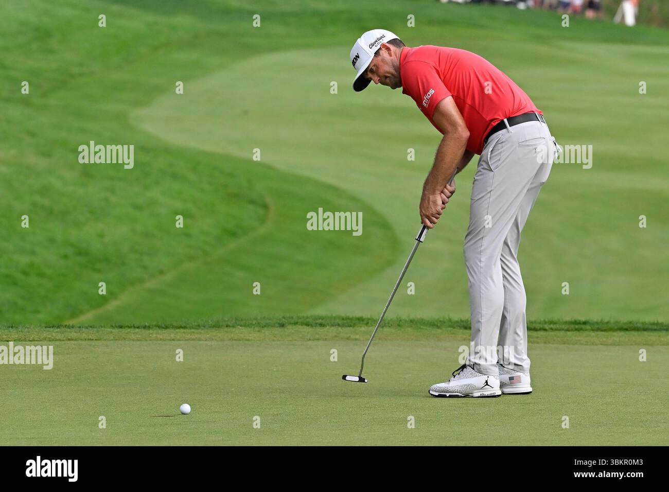 June 22, 2025: Keegan Bradley of Woodstock, VT, putts on the 18th green ...