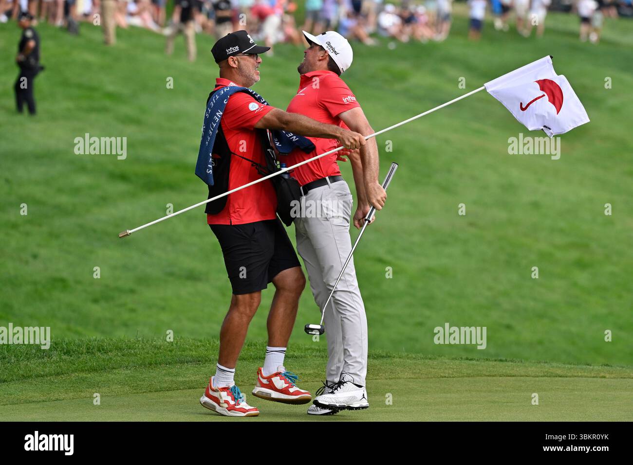 June 22, 2025: Keegan Bradley of Woodstock, VT, belly bumps his caddie ...