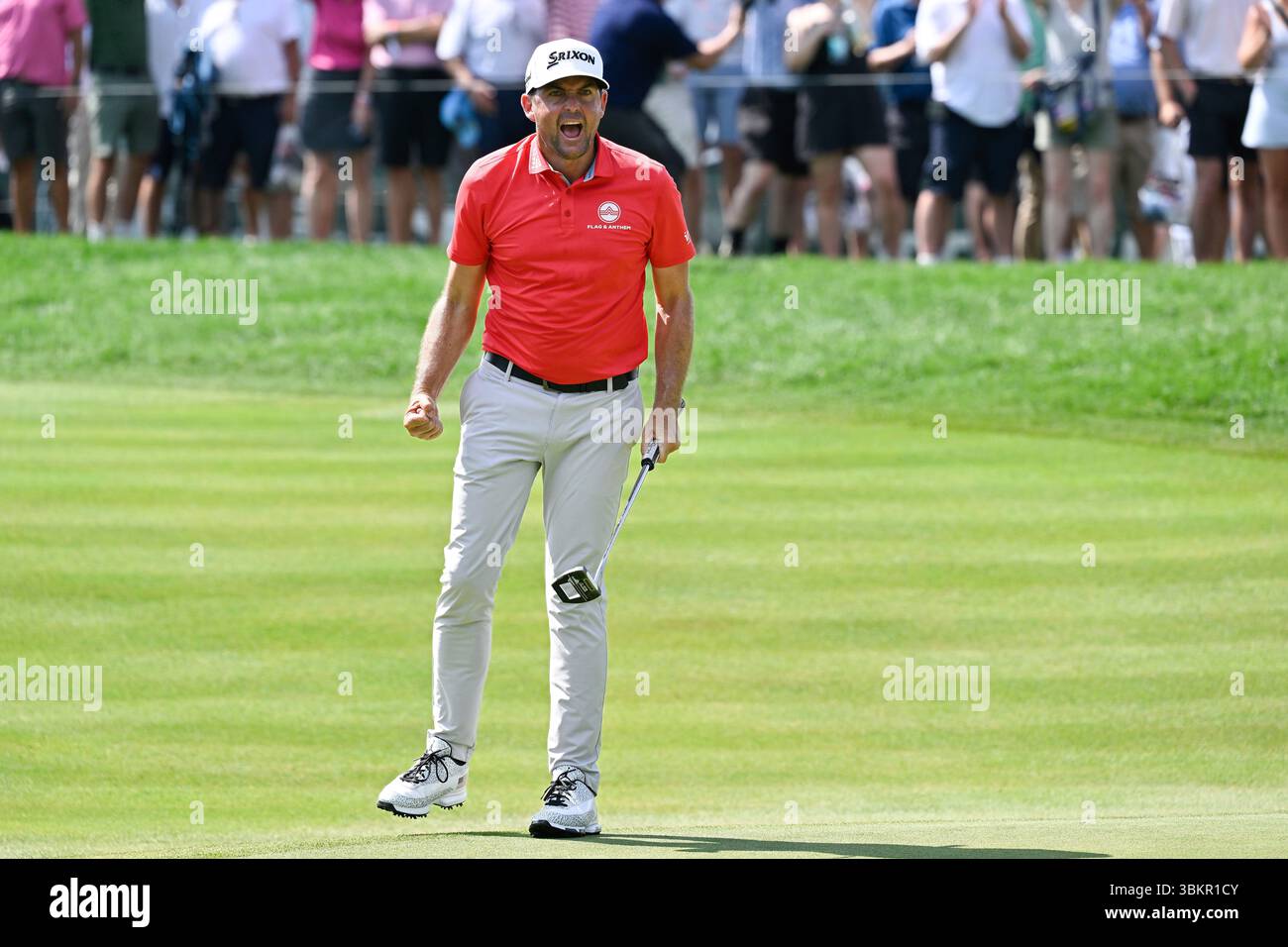 June 22, 2025: Keegan Bradley of Woodstock, VT, reacts to his putt on ...