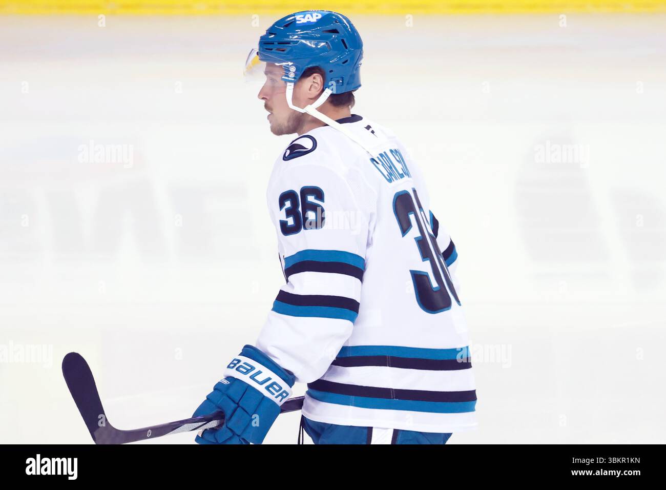 Profile photo on San Jose Sharks D Lucas Carlsson, fom Sweden, during ...
