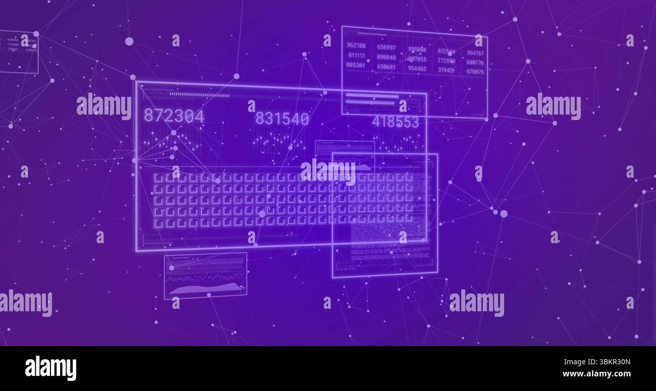 Displaying translucent data panel floating over virtual network nodes, with numbers and grid ...