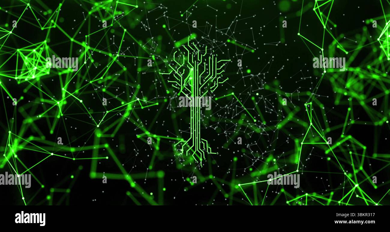 Displaying central tree-shaped circuit floating in virtual network mesh ...