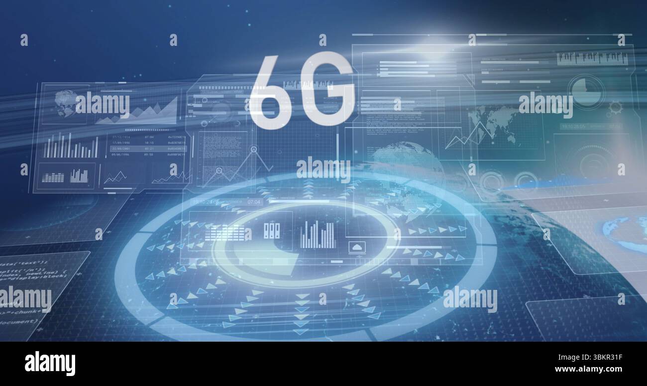 Displaying circular 6G interface floating in virtual network with data panels and world map ...