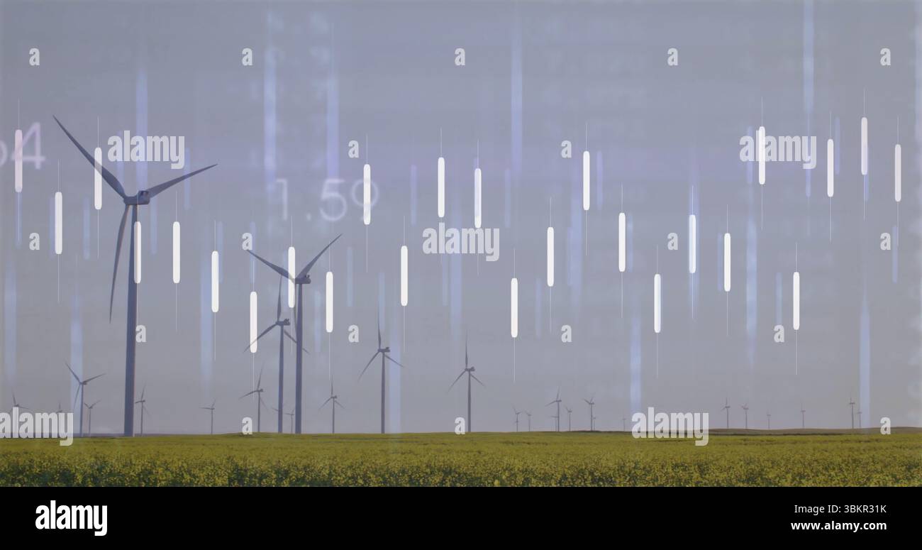 Towering large wind turbines spinning across rural plain, with dense ...