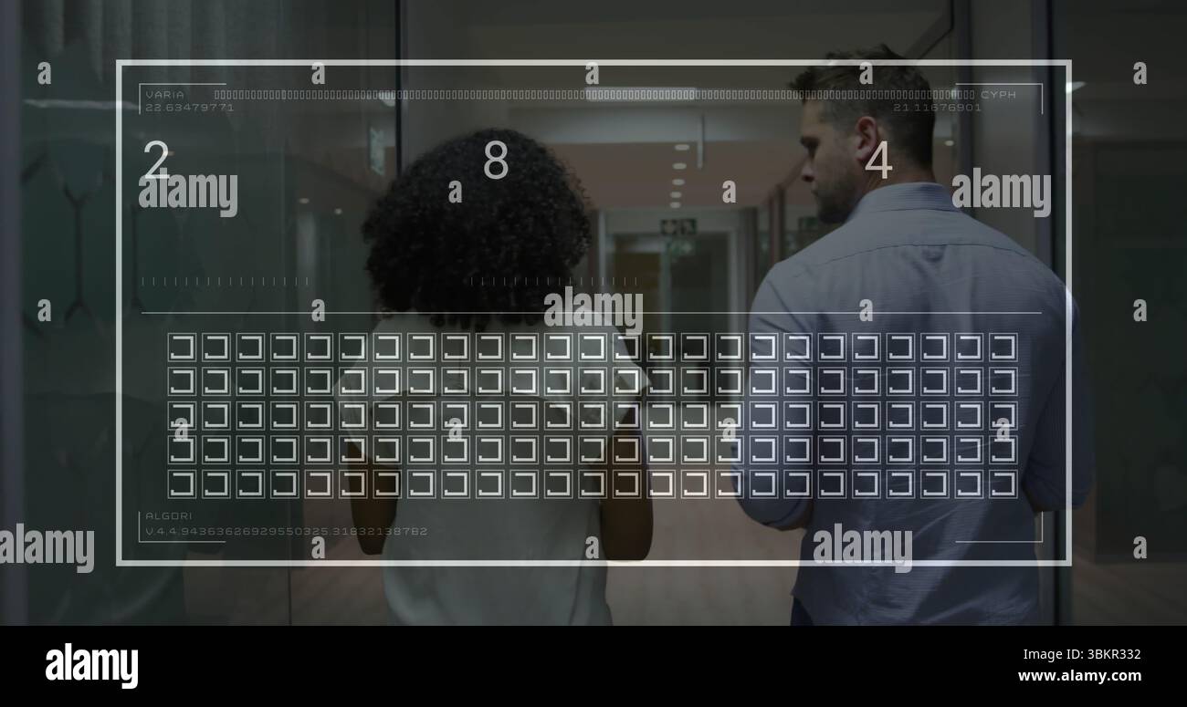 Walking employees opening glass door, entering office corridor with ...