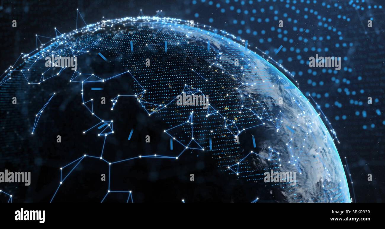 Displaying 3D globe rotating within starfield, with glowing data nodes, data links and clusters ...