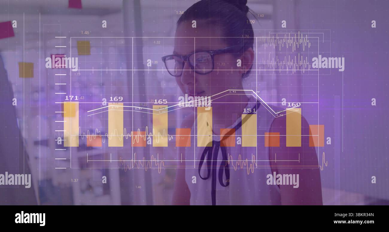 Woman wearing glasses and sleeveless blouse reviewing chart overlay on ...