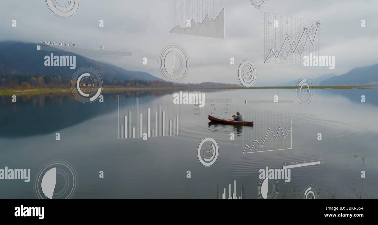 Paddling man in dark jacket and cap moving red canoe across mountain ...