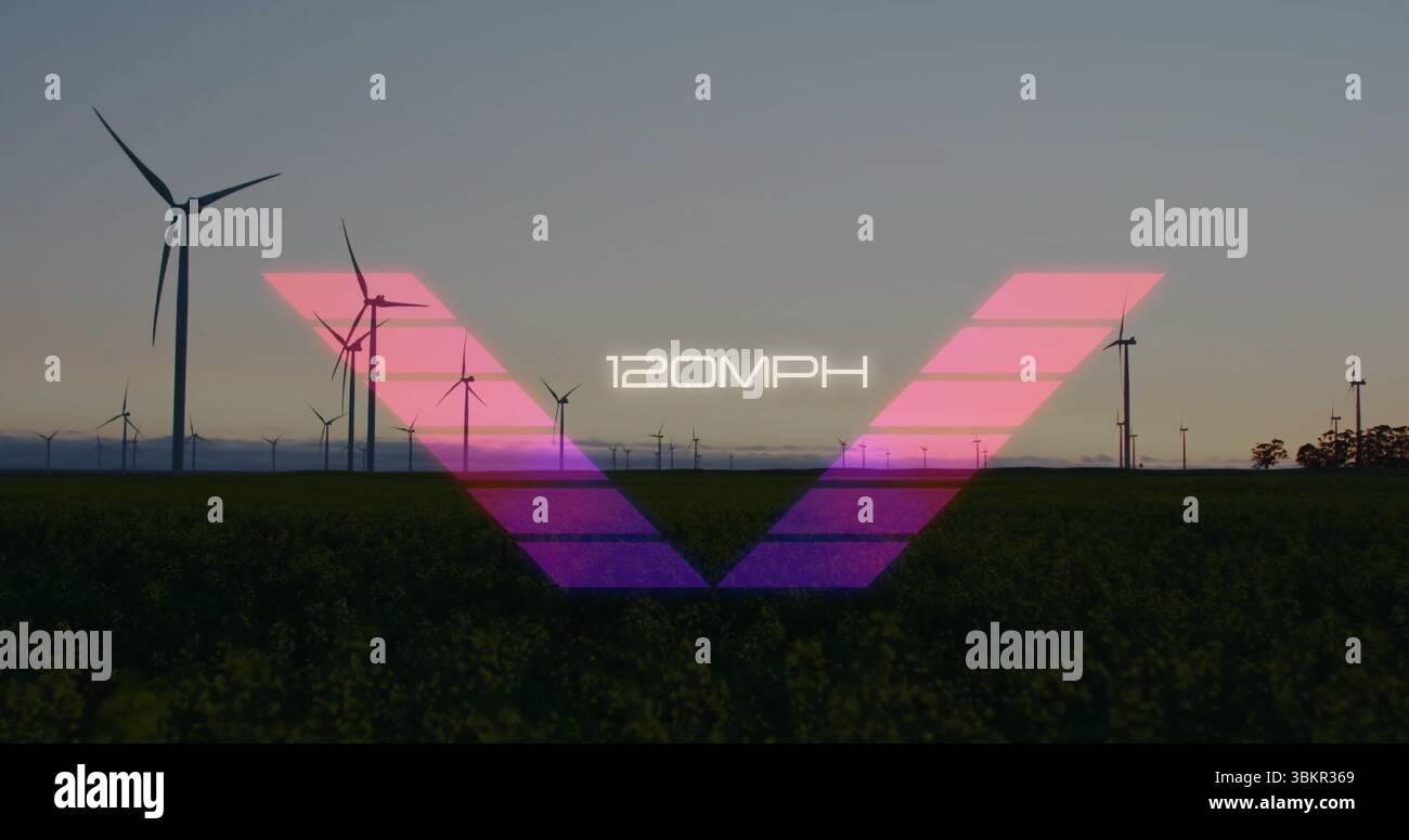 Displaying chevron overlay spanning green crop field at dusk, with wind ...