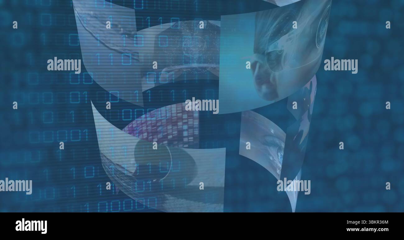 Floating panels showing globe, eye, child face, AR glasses in virtual ...