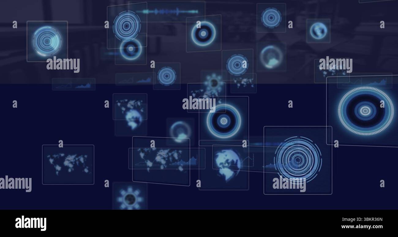 Displaying UI panels in dashboard, showing glowing circles, radial ...