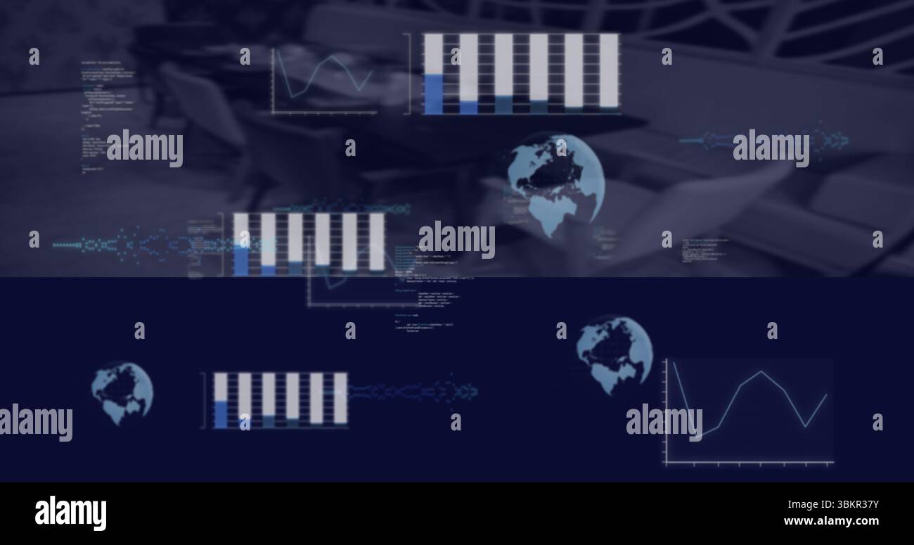 Floating overlay in conference room showing furniture and charts with globe icons and code ...