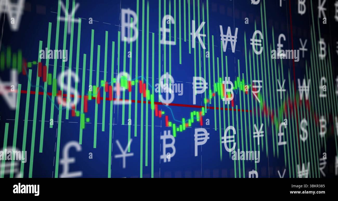 Displaying chart showing candlestick bars and line graph on trading interface with currency ...