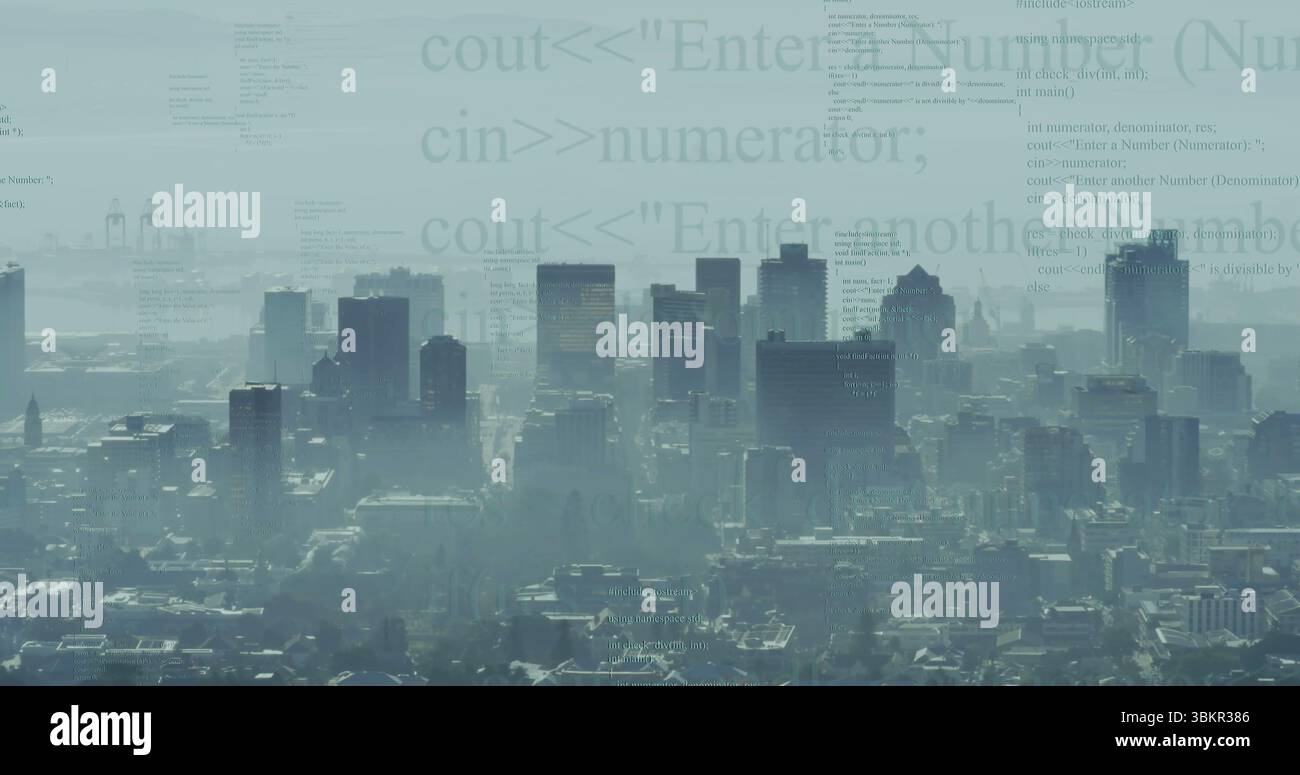 Displaying cluster of skyscrapers and mid-rise buildings in hazy ...
