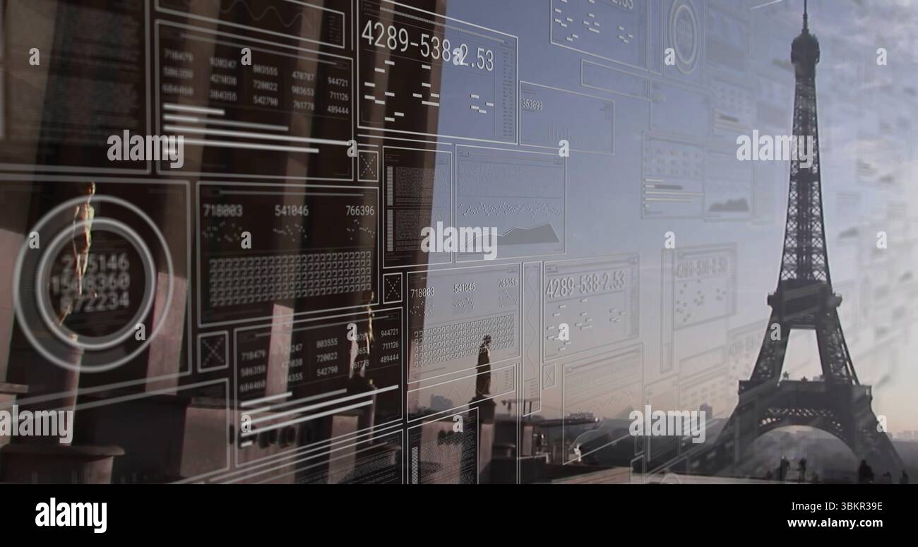 Floating panels overlaying Paris skyline at dusk, showing charts and Eiffel Tower, copy space ...