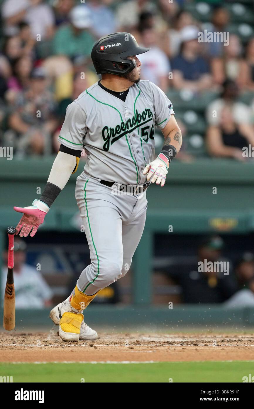 Omar Alfonzo (50) of the Greensboro Grasshoppers at bat in a South ...