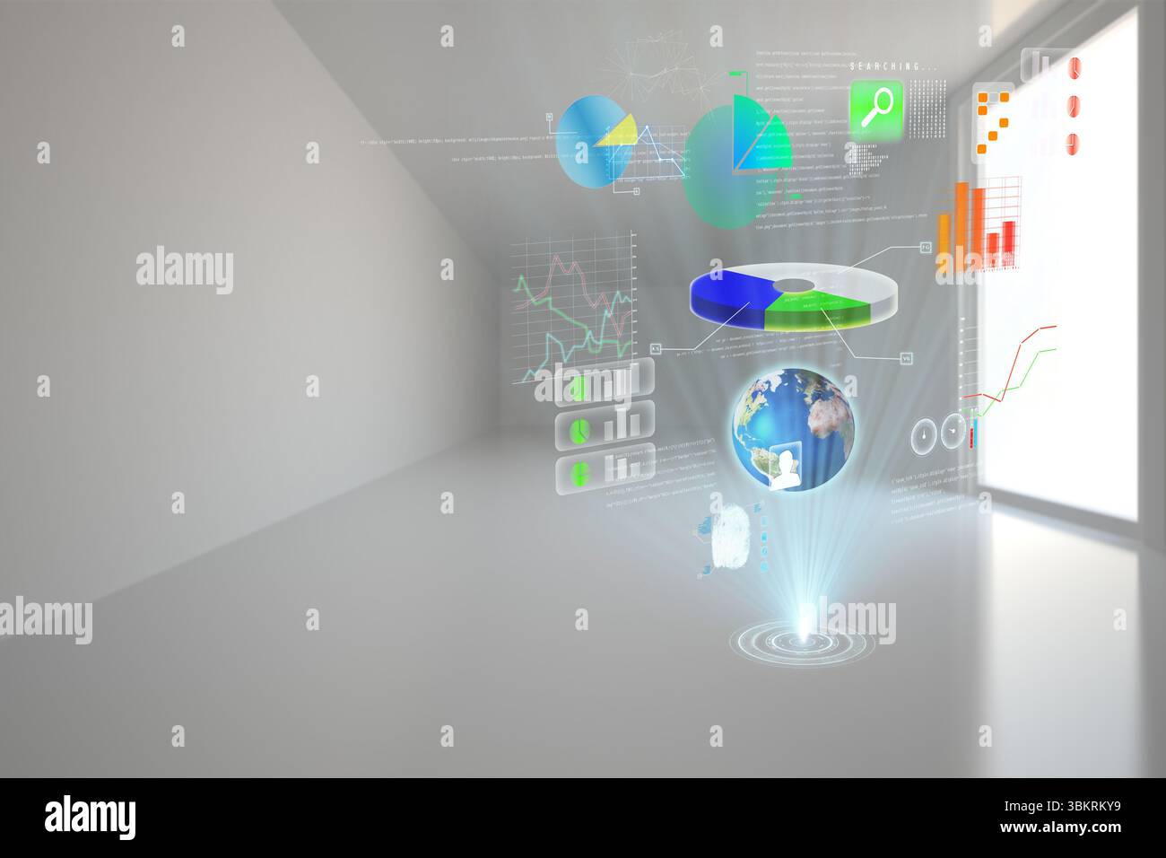 Holographic 3D render is floating in minimalist white space, showing ...