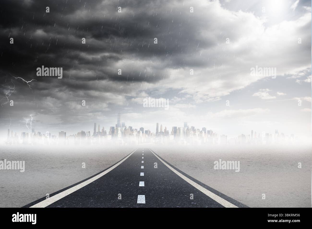 Two-lane asphalt road running toward misty skyline in flat design storm ...