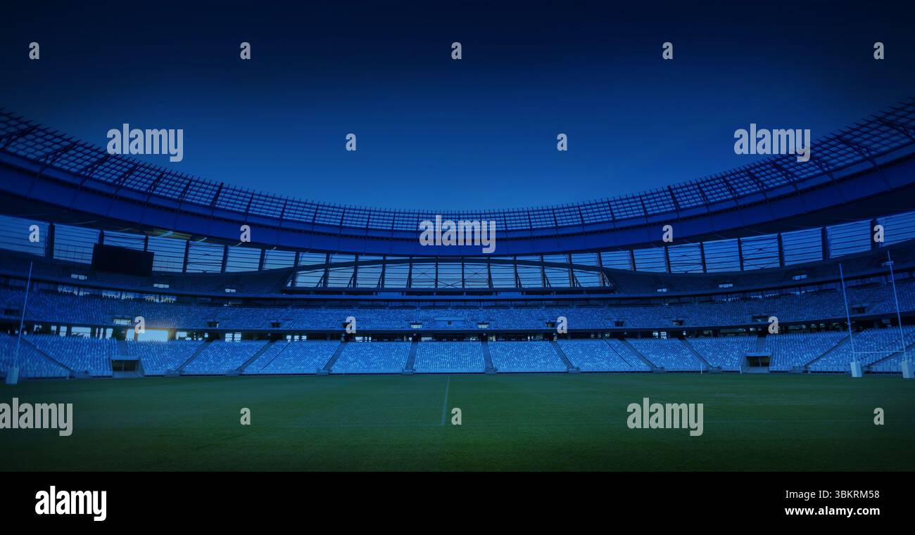Empty stadium is shining at dusk in flat design, featuring green pitch ...