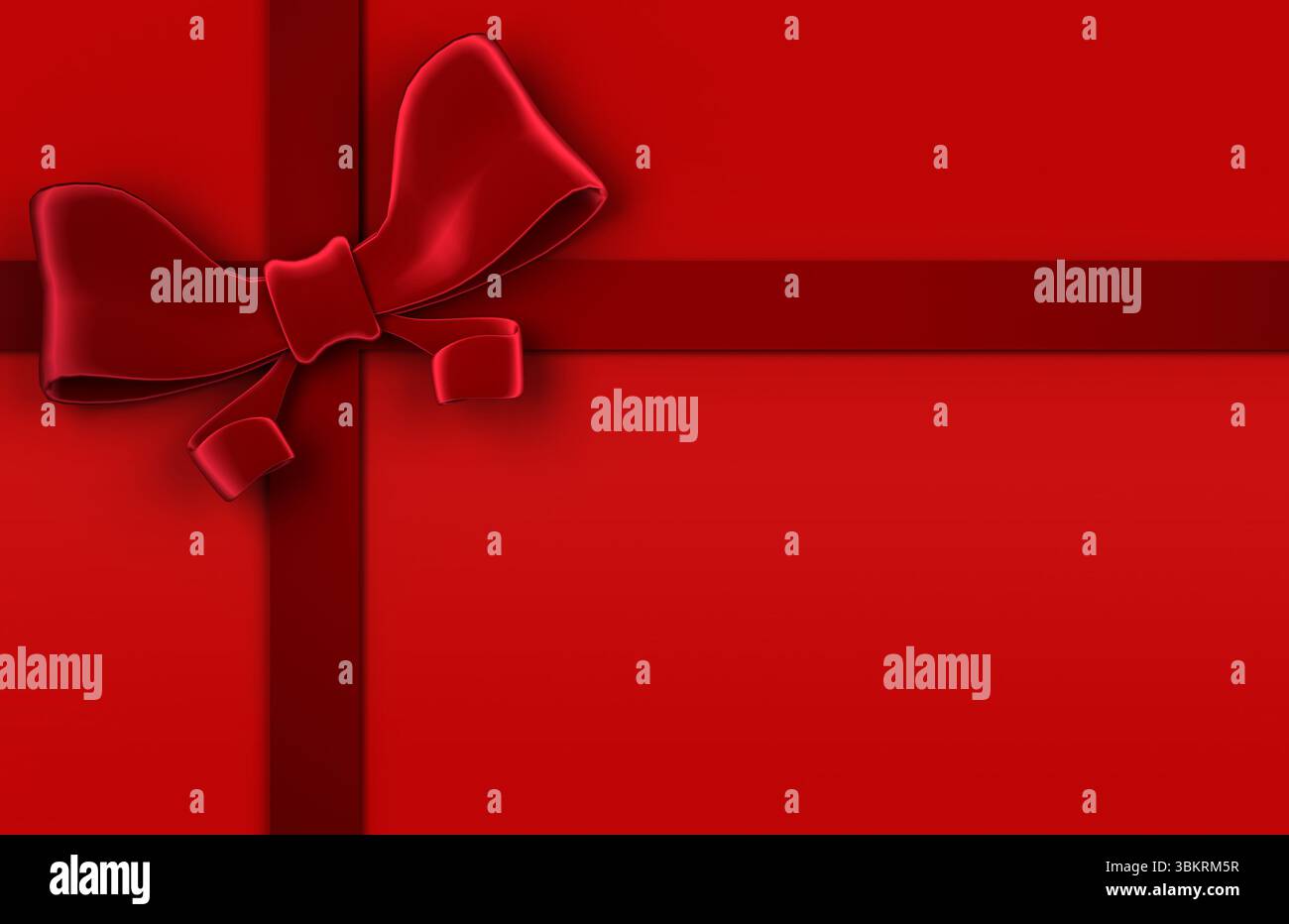 Red satin bow and crossing ribbon bands creating gift wrapping on flat ...