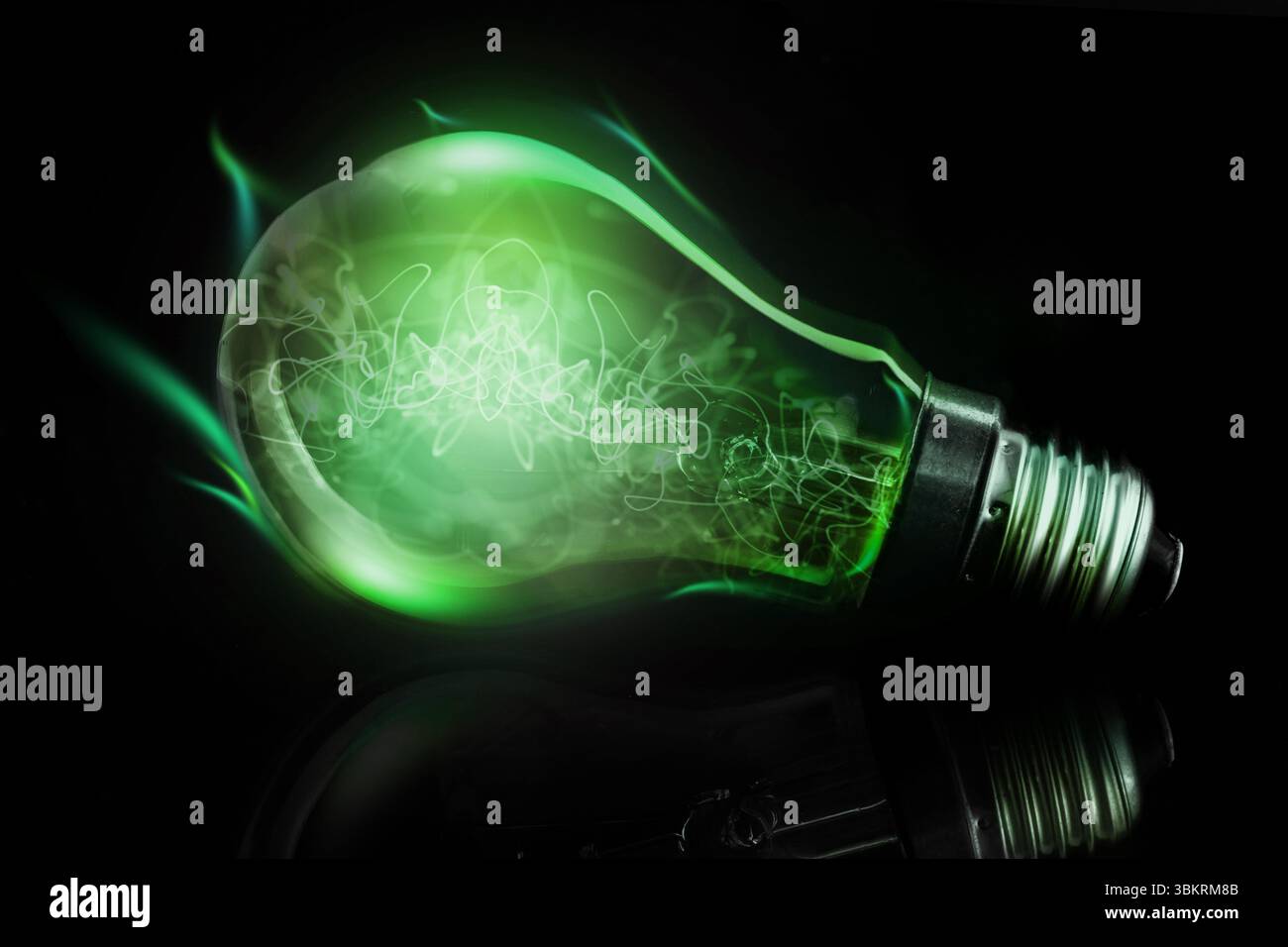 3D render glowing green bulb is lying horizontally on dark glossy ...