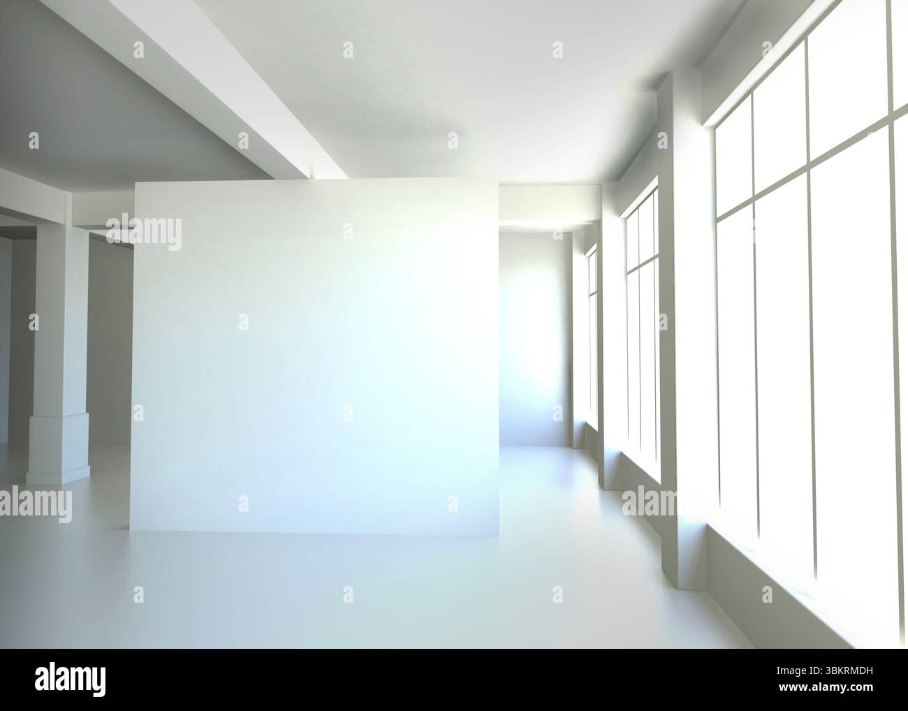 showing flat design white interior with partition wall, columns and ...