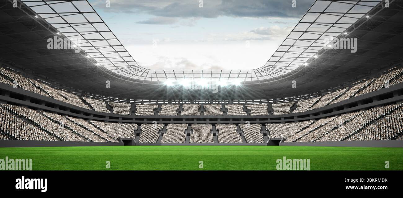Flat green grass football pitch is extending under roof canopy with ...