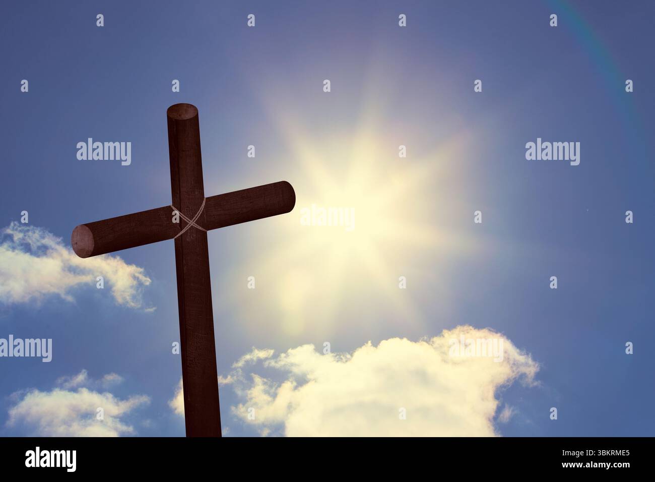 Wooden cross is standing in flat-design with blue sky, white clouds ...
