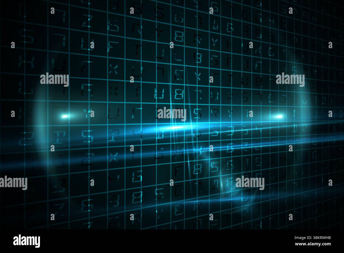 Glowing flat design digital matrix grid featuring alphanumeric symbols ...