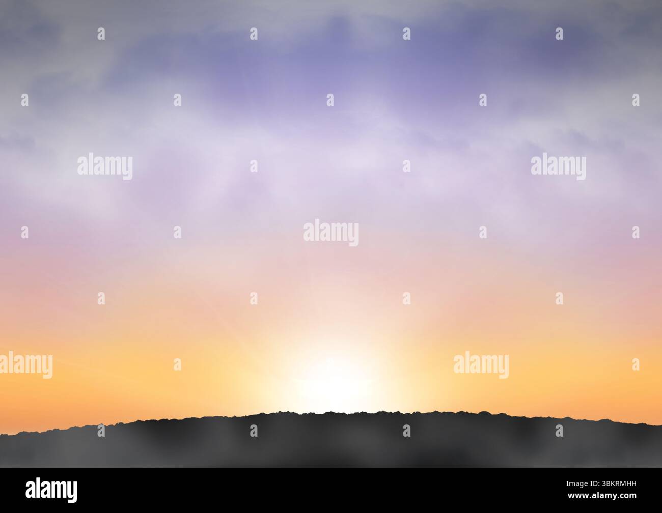 Rising sun is glowing over flat design hill ridge at sunrise, showing ...