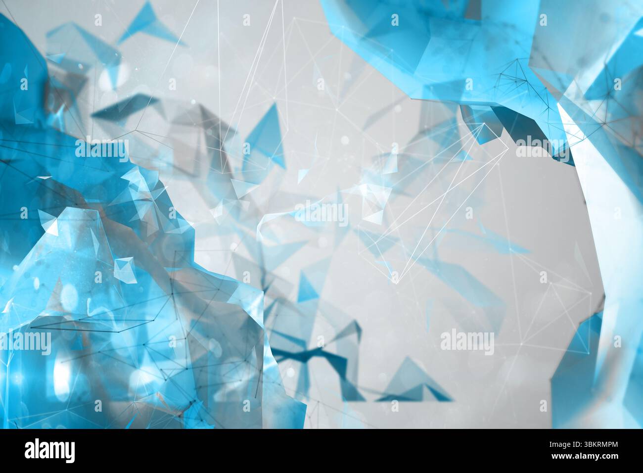 Translucent blue polygon shards floating in grey 3D render space ...