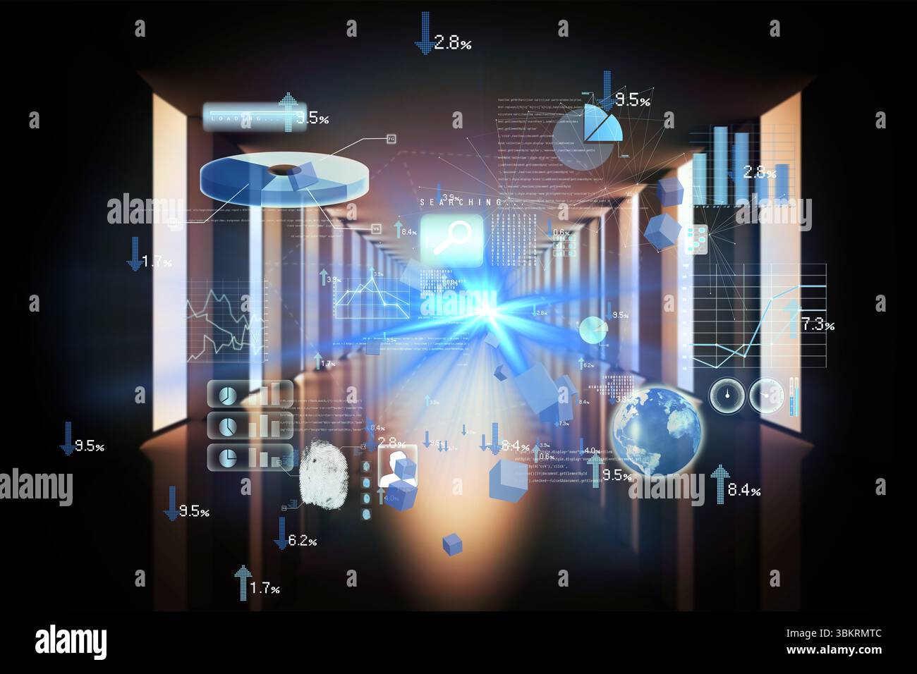 Floating holographic cluster with 3D charts and rotating globe is ...