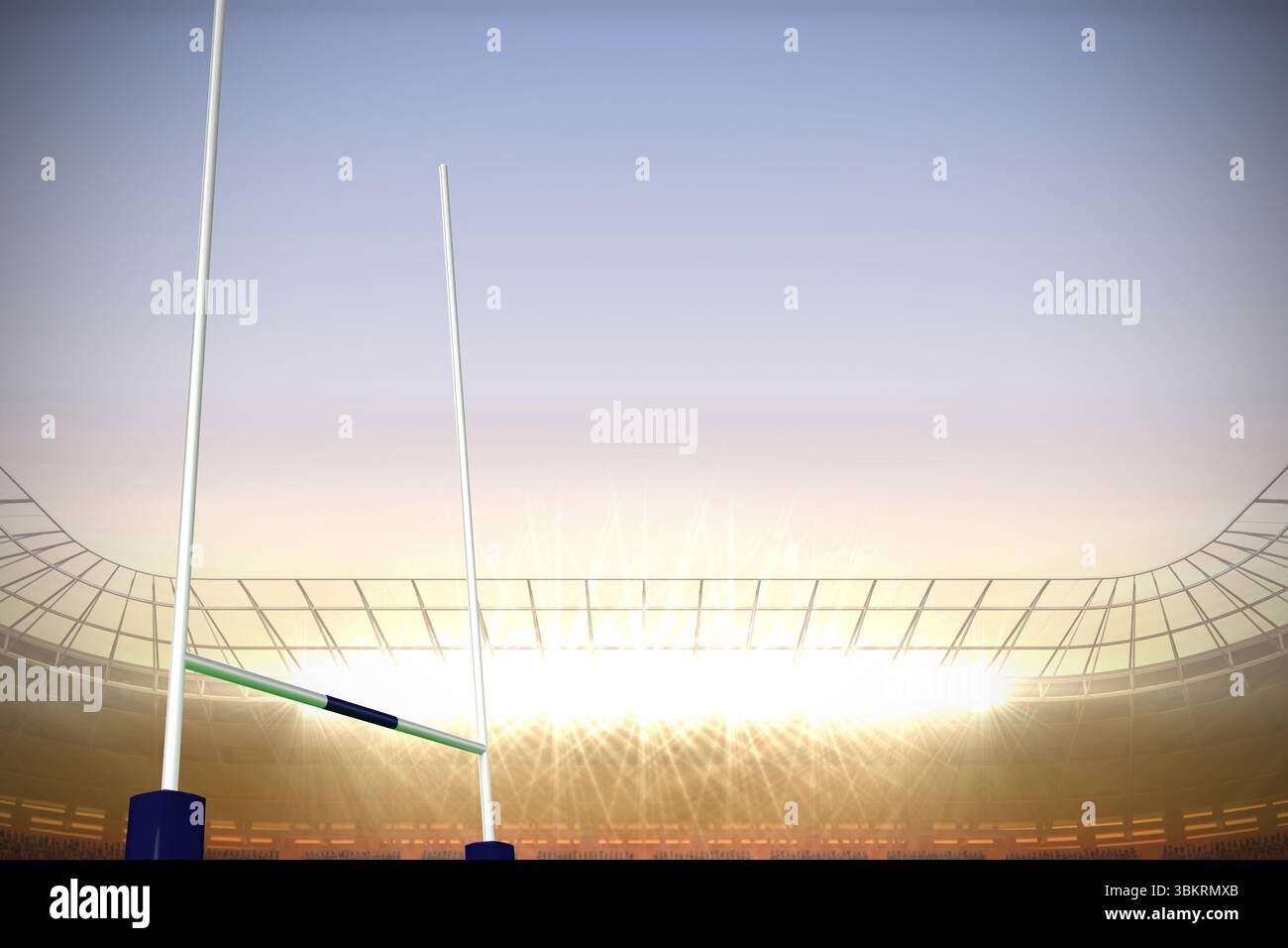 Rugby goalposts are standing in flat design dusk stadium with curved ...