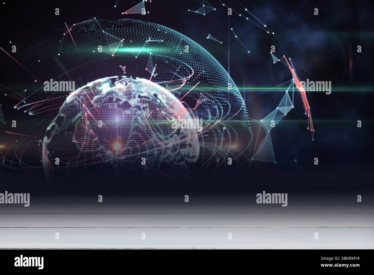 3D holographic globe is hovering over stage in void with dot-matrix ...