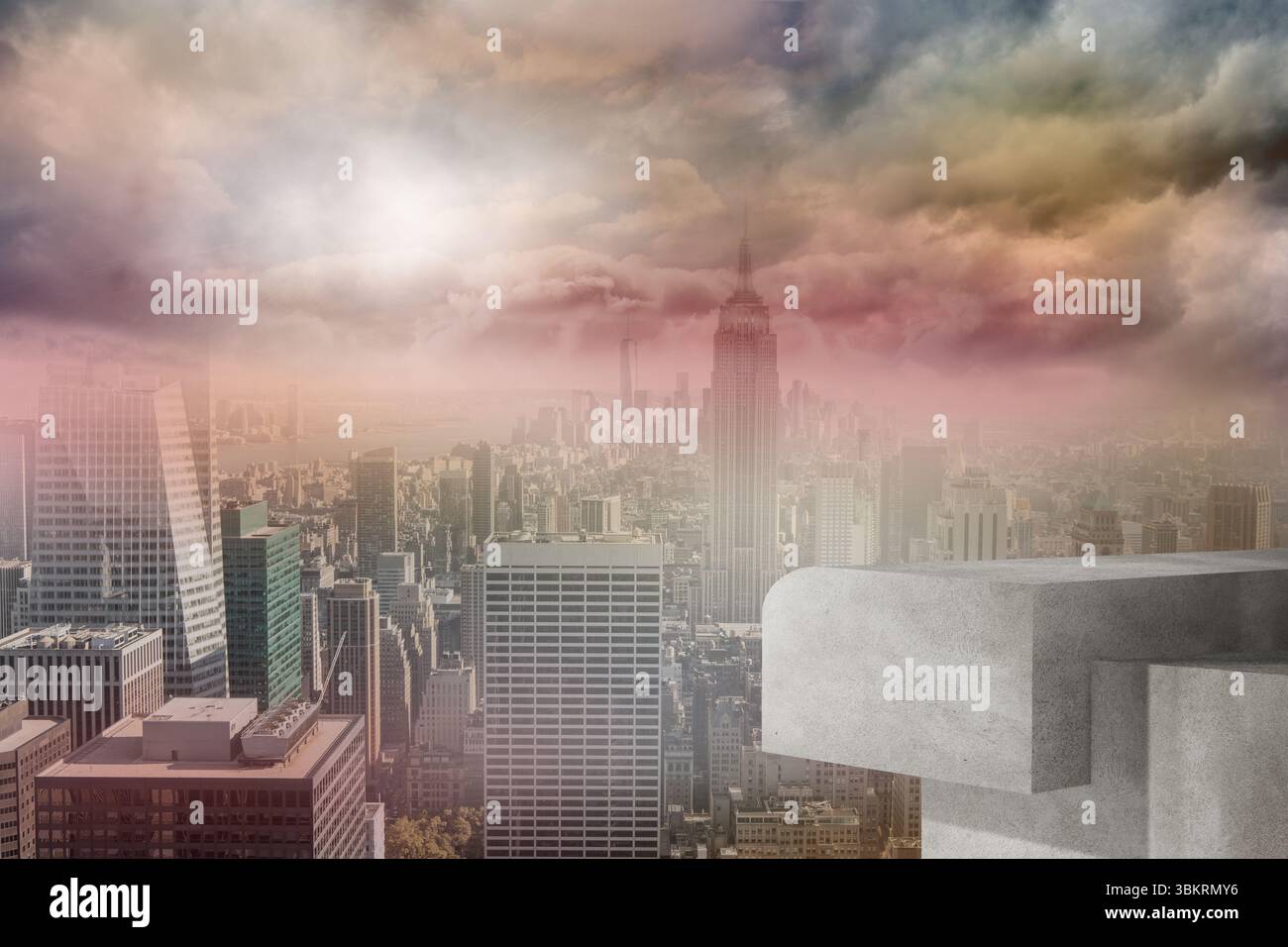 Flat design scene is showing spire-topped skyscraper above urban ...
