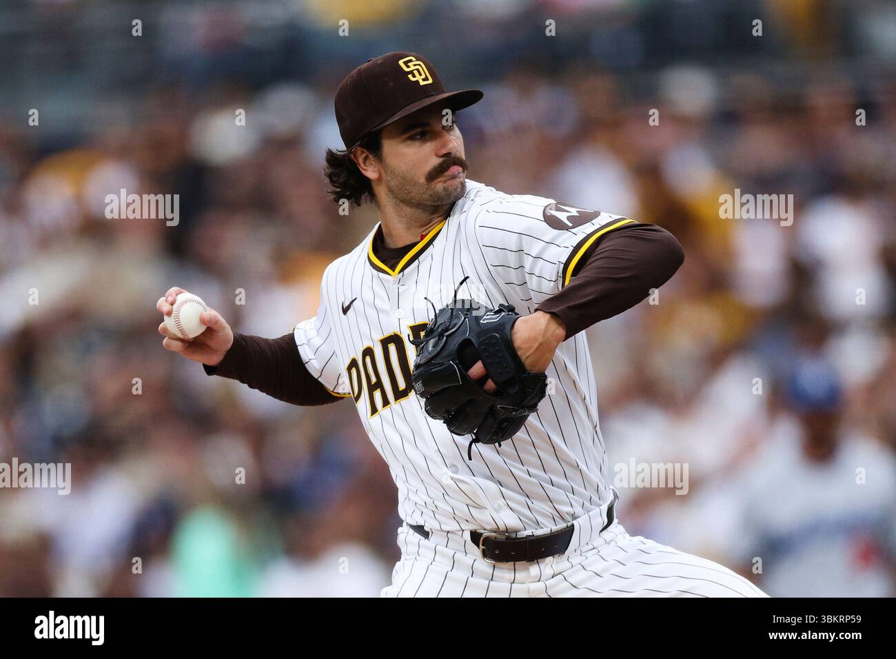 San Diego Padres starting pitcher Dylan Cease works against the Los ...