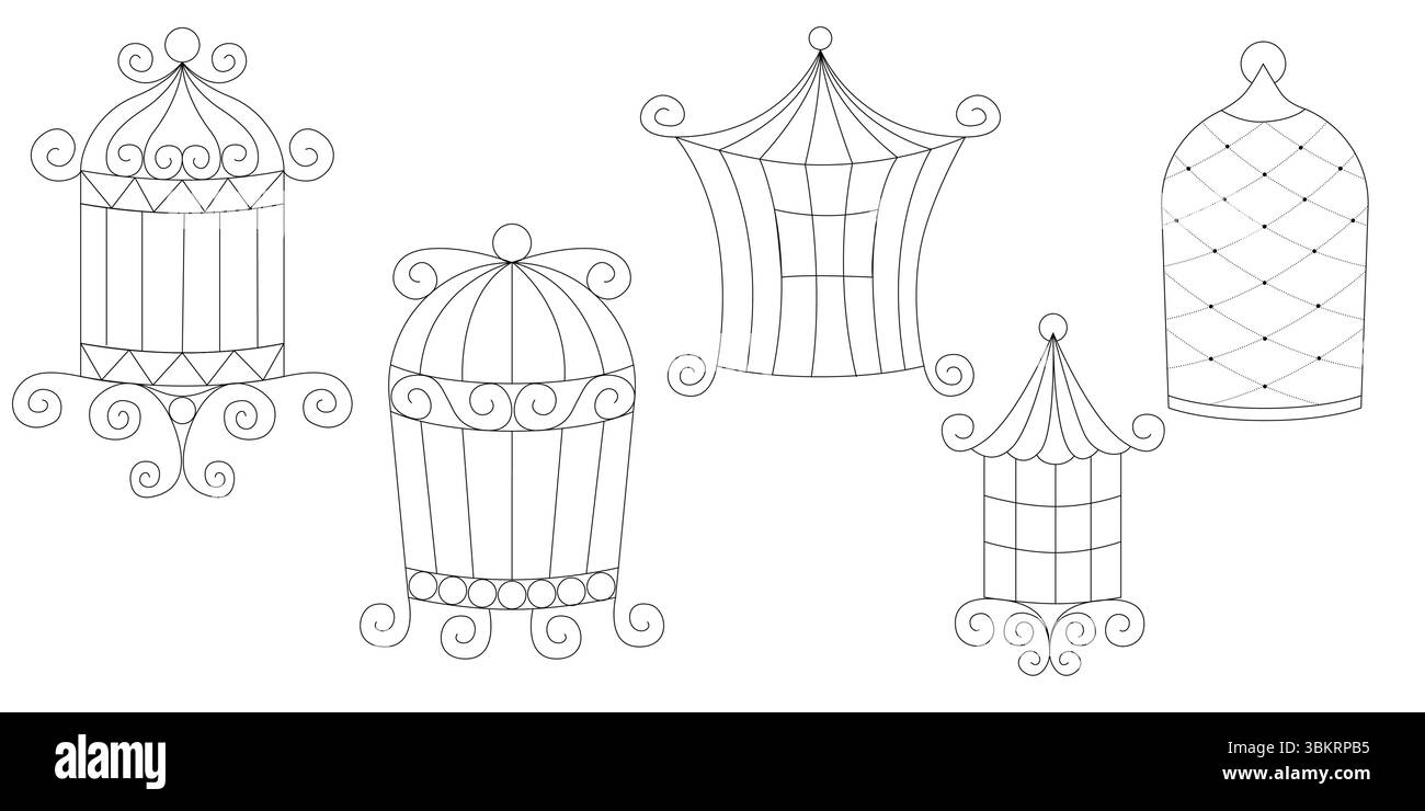 Metal bird cages vector set in doodle hand drawn style line art ...