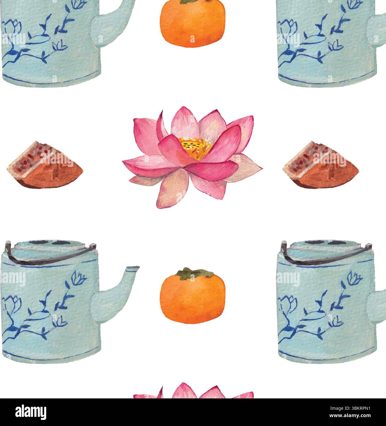 Mid Autumn festival tea pot, mooncake slice, persimmon, lotus flower ...